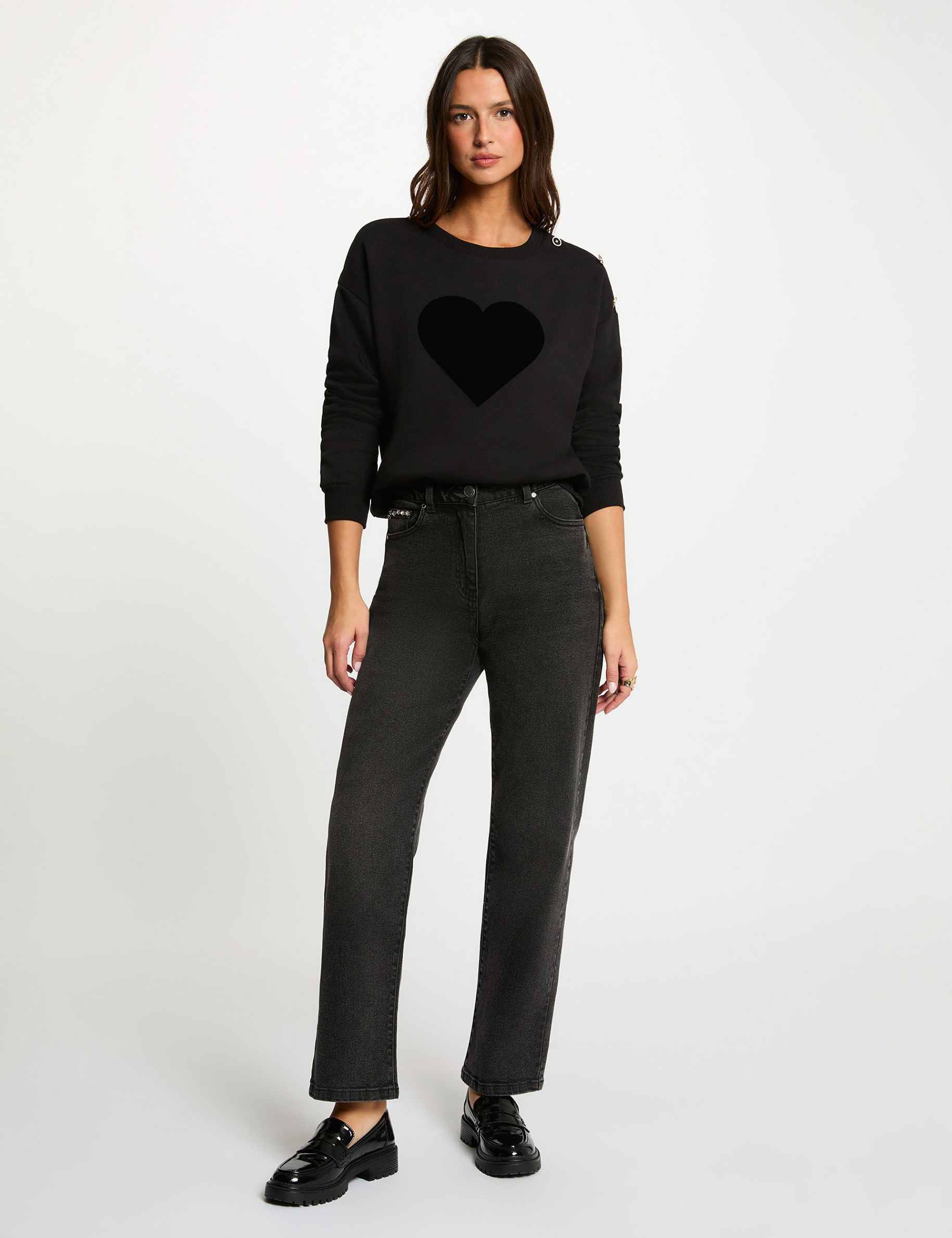 Sweat imprimé col rond noir femme | Morgan
