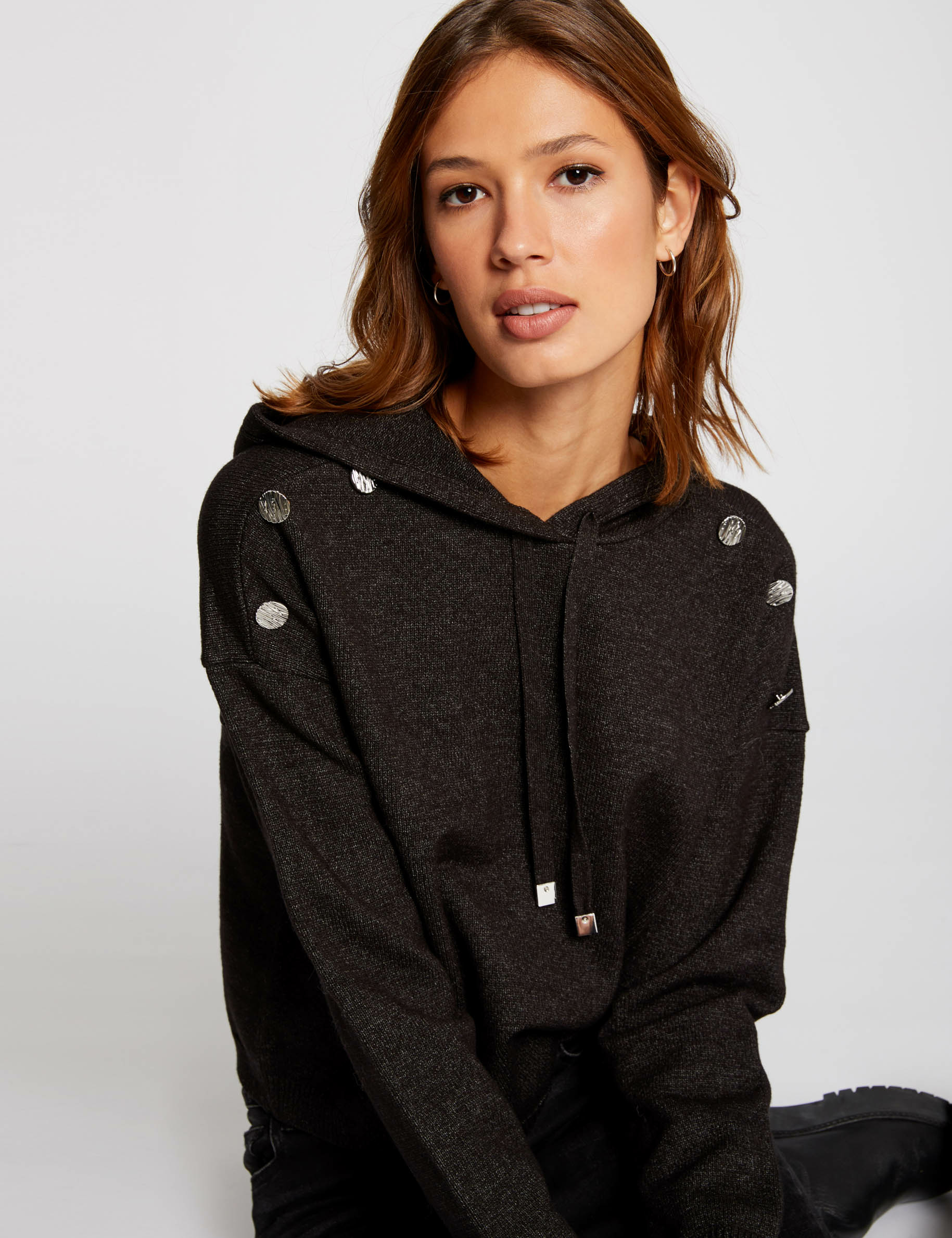 Pull manches longues à capuche gris anthracite femme | Morgan