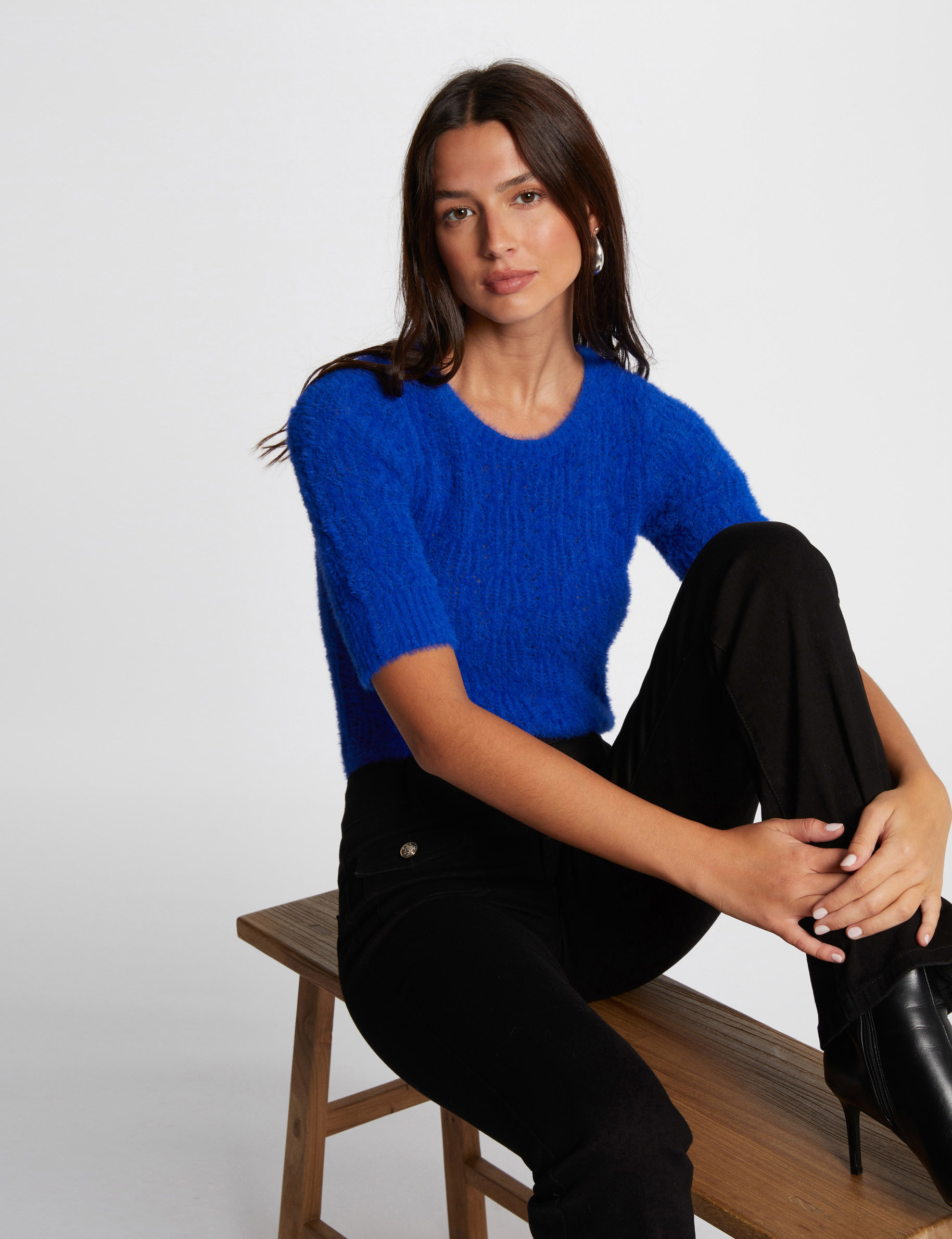 Pull manches courtes ajouré bleu electrique femme | Morgan