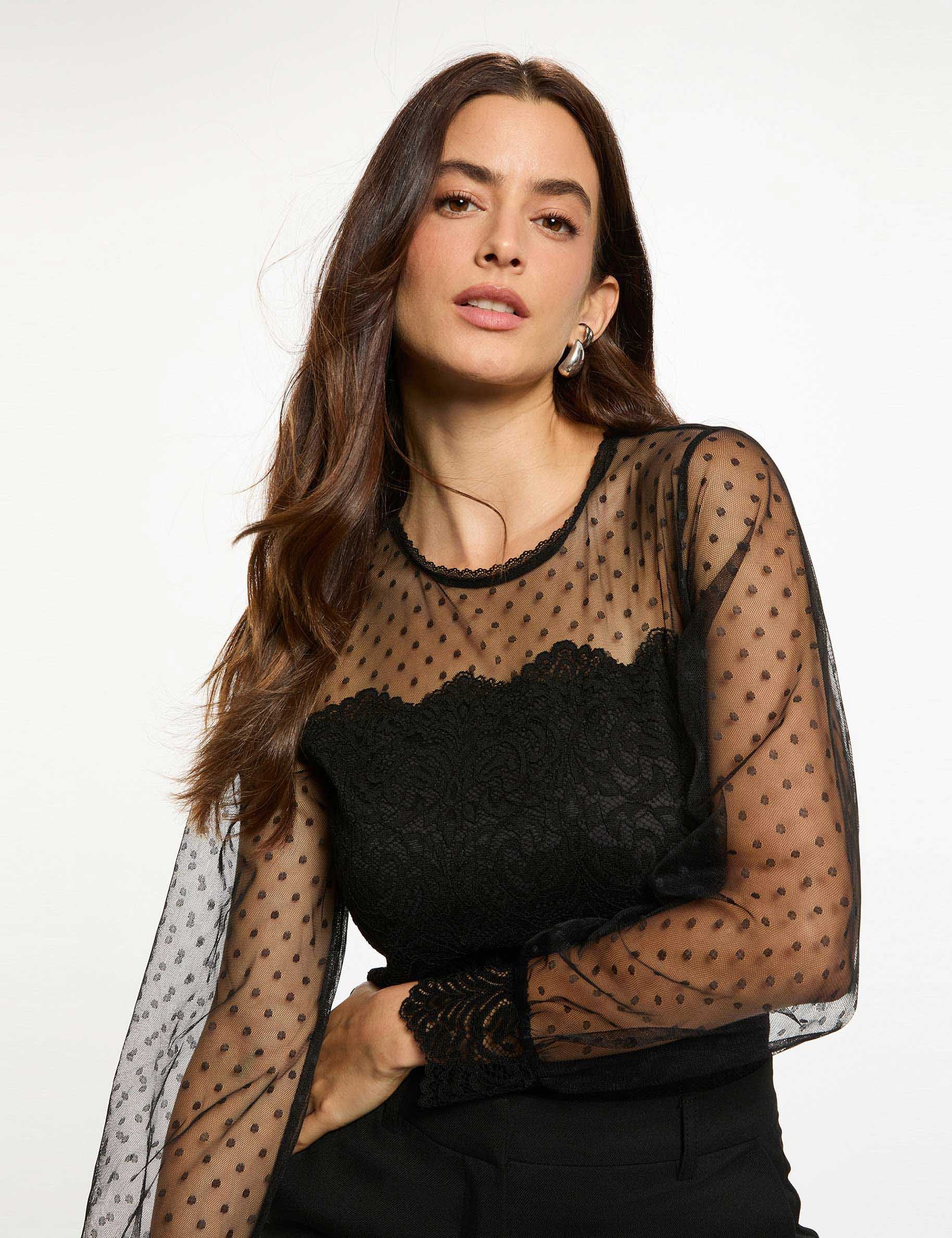 Body dentelle manches longues noir femme | Morgan