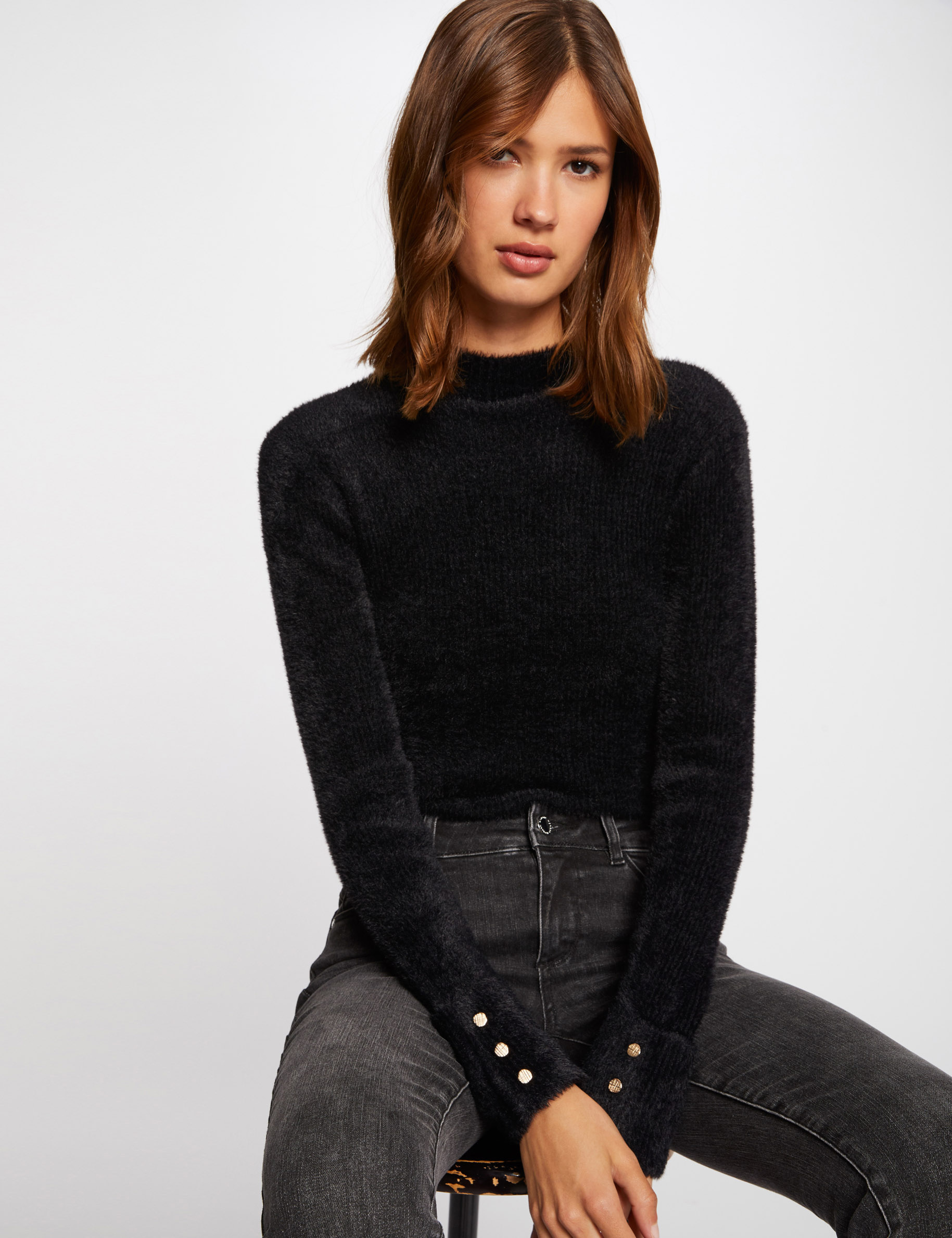 Pull manches longues maille duveteuse noir femme | Morgan