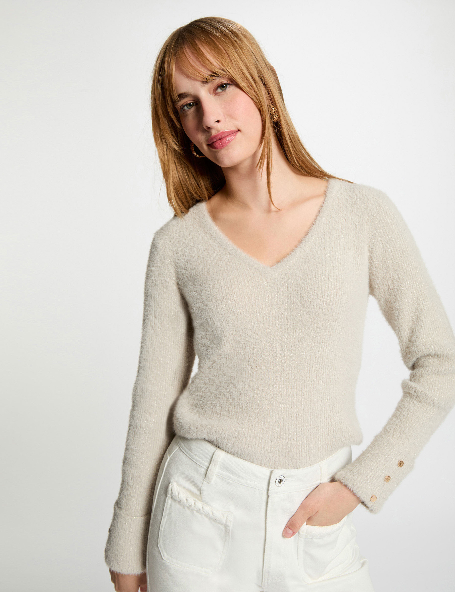 Pull manches longues avec col en V sable femme | Morgan