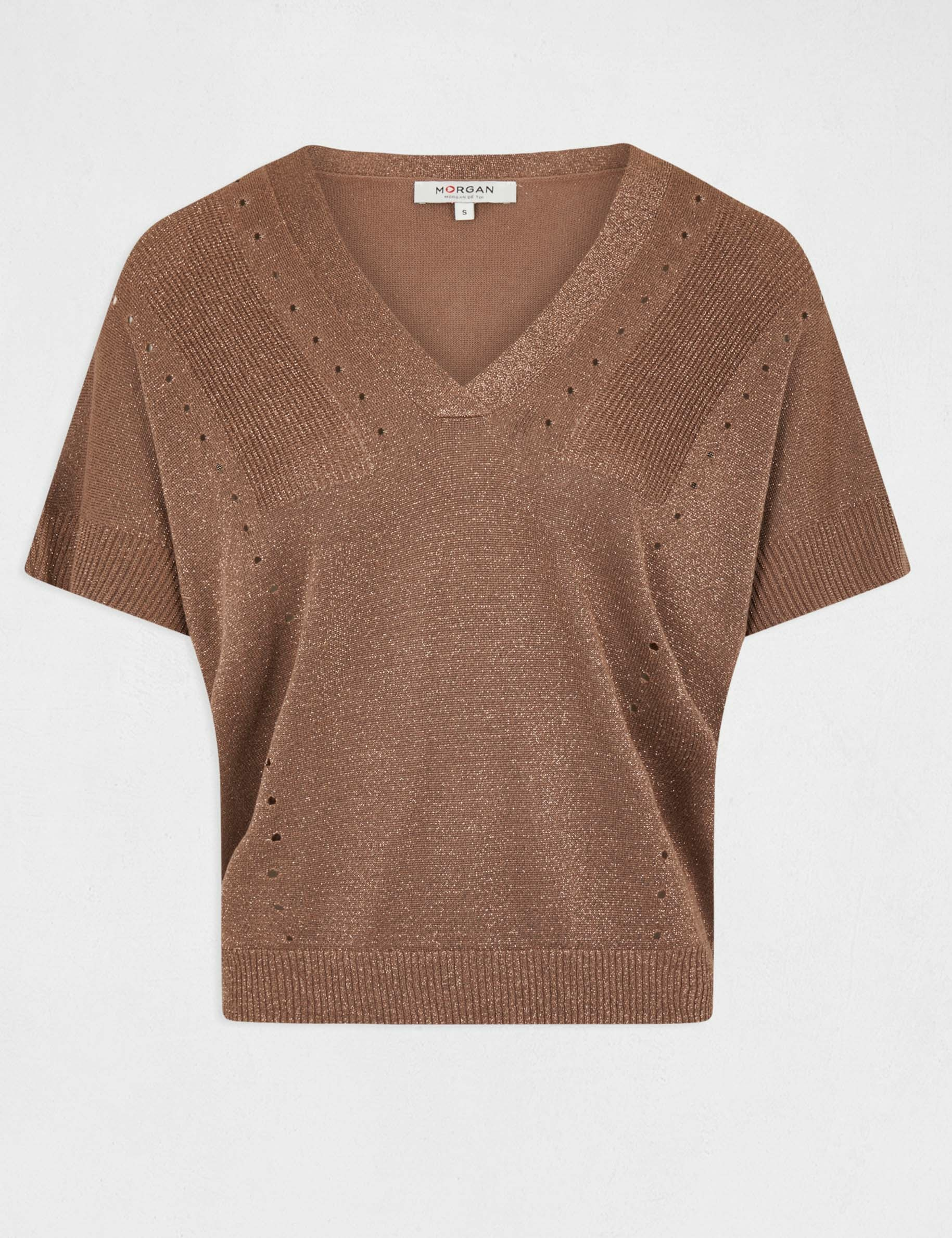 Pull manches courtes à col en V rouille femme | Morgan