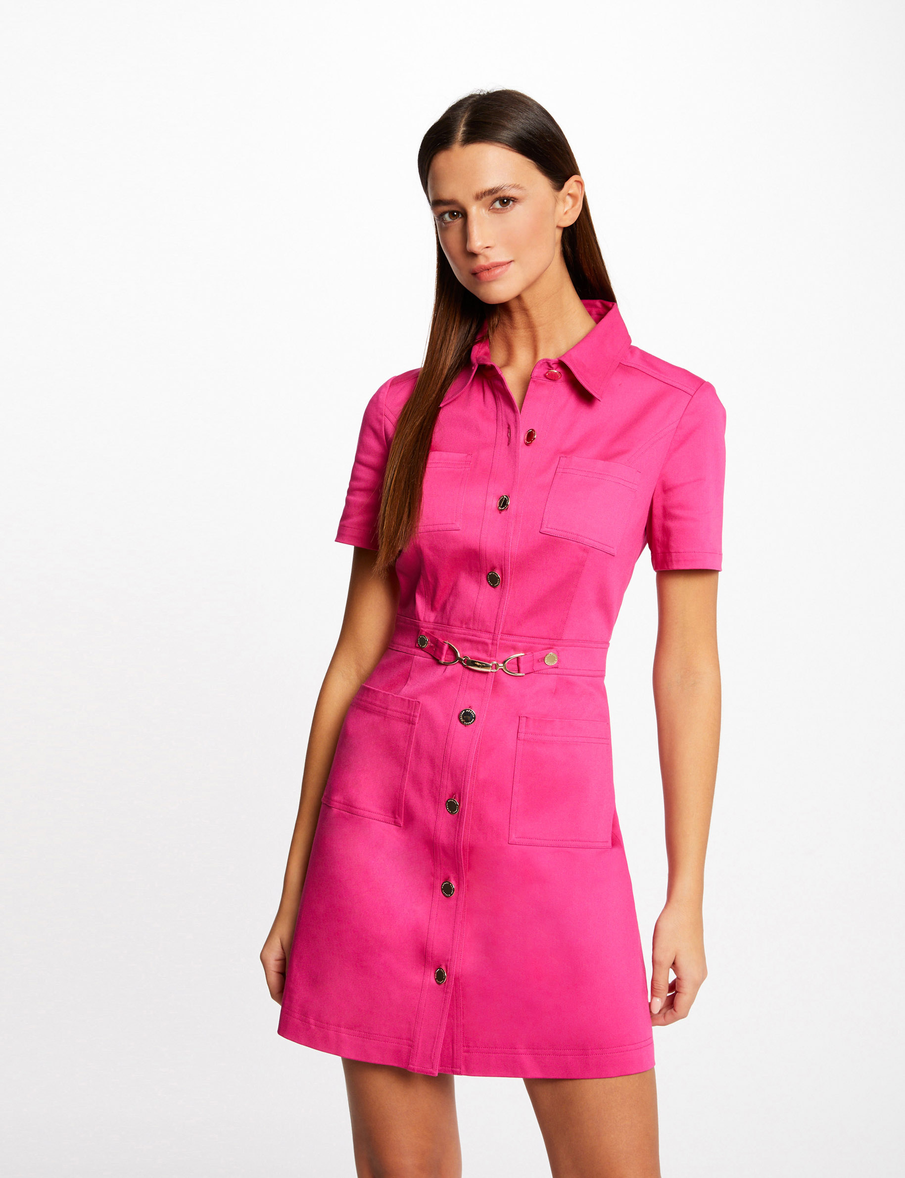 Robe trapèze boutonnée avec boucle rose fonce femme | Morgan