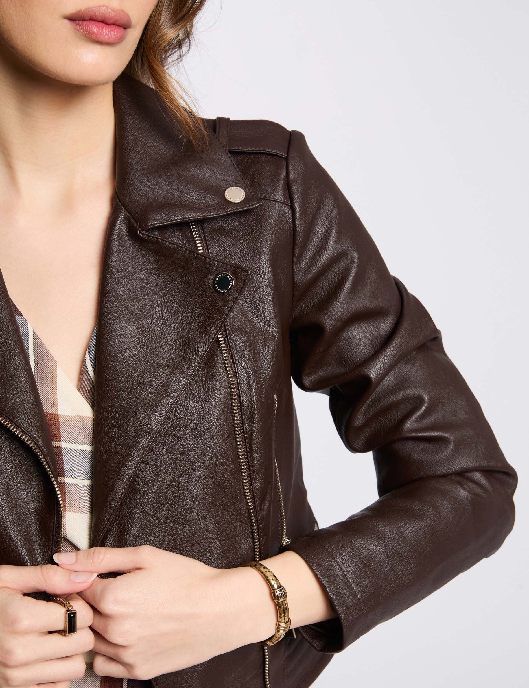 Blouson droit avec col cranté à revers marron foncé femme | Morgan