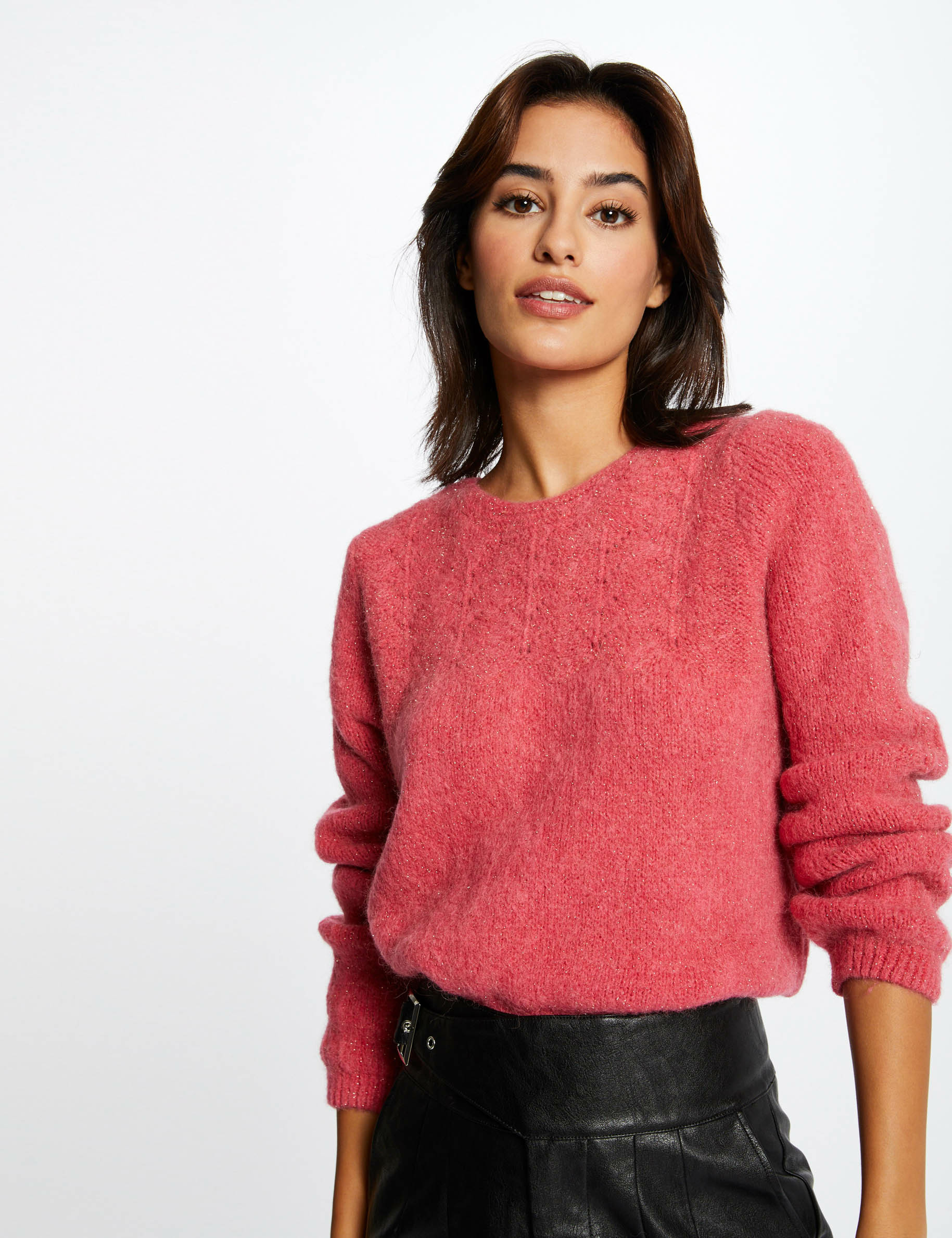 Pull manches longues avec col rond framboise femme | Morgan