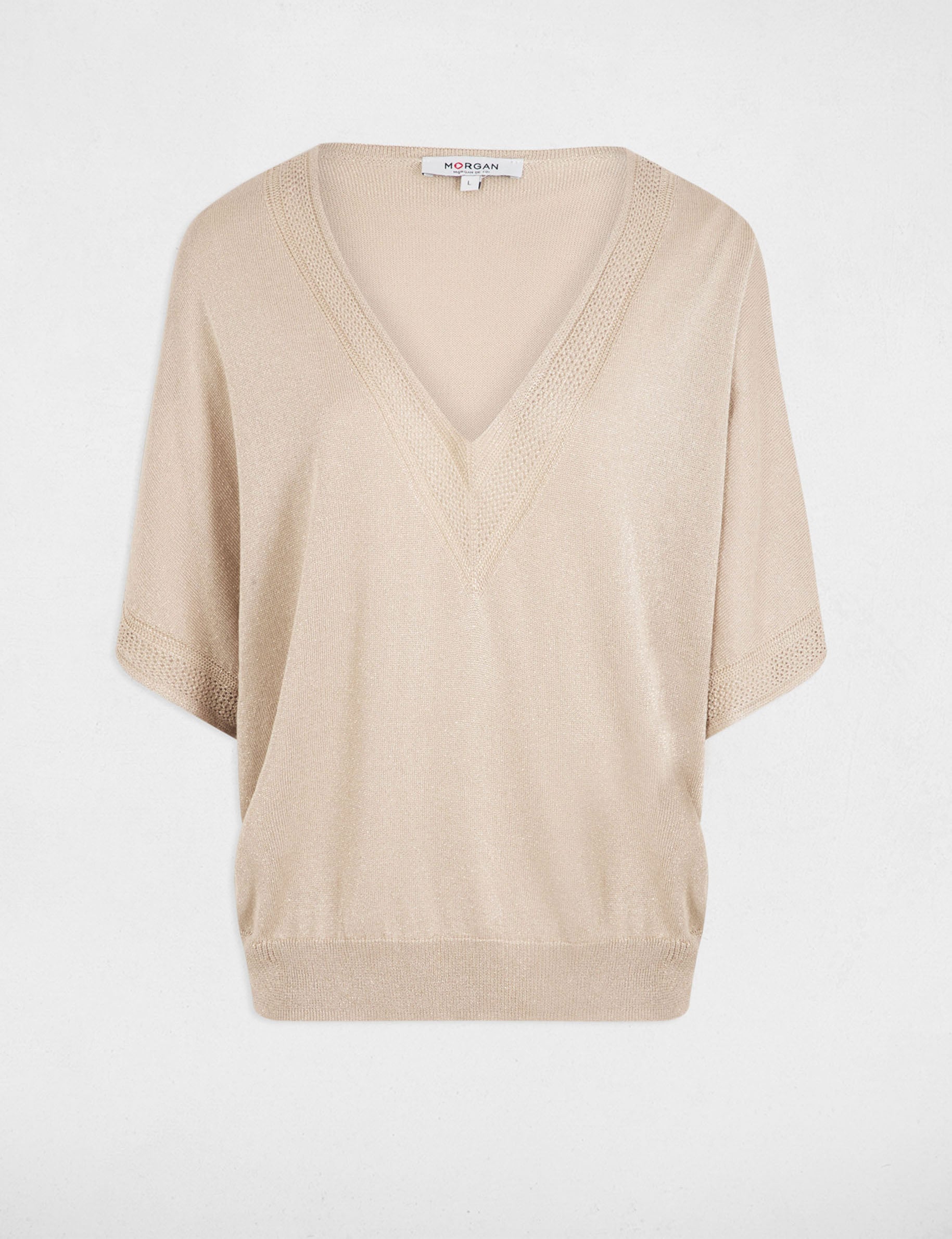 Pull col en V manches courtes sable femme | Morgan