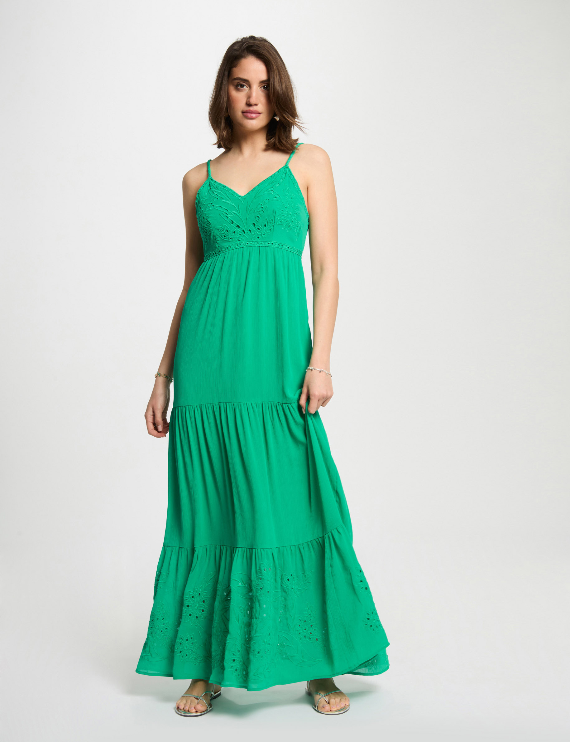Robe longue fluide broderie vert émeraude femme | Morgan