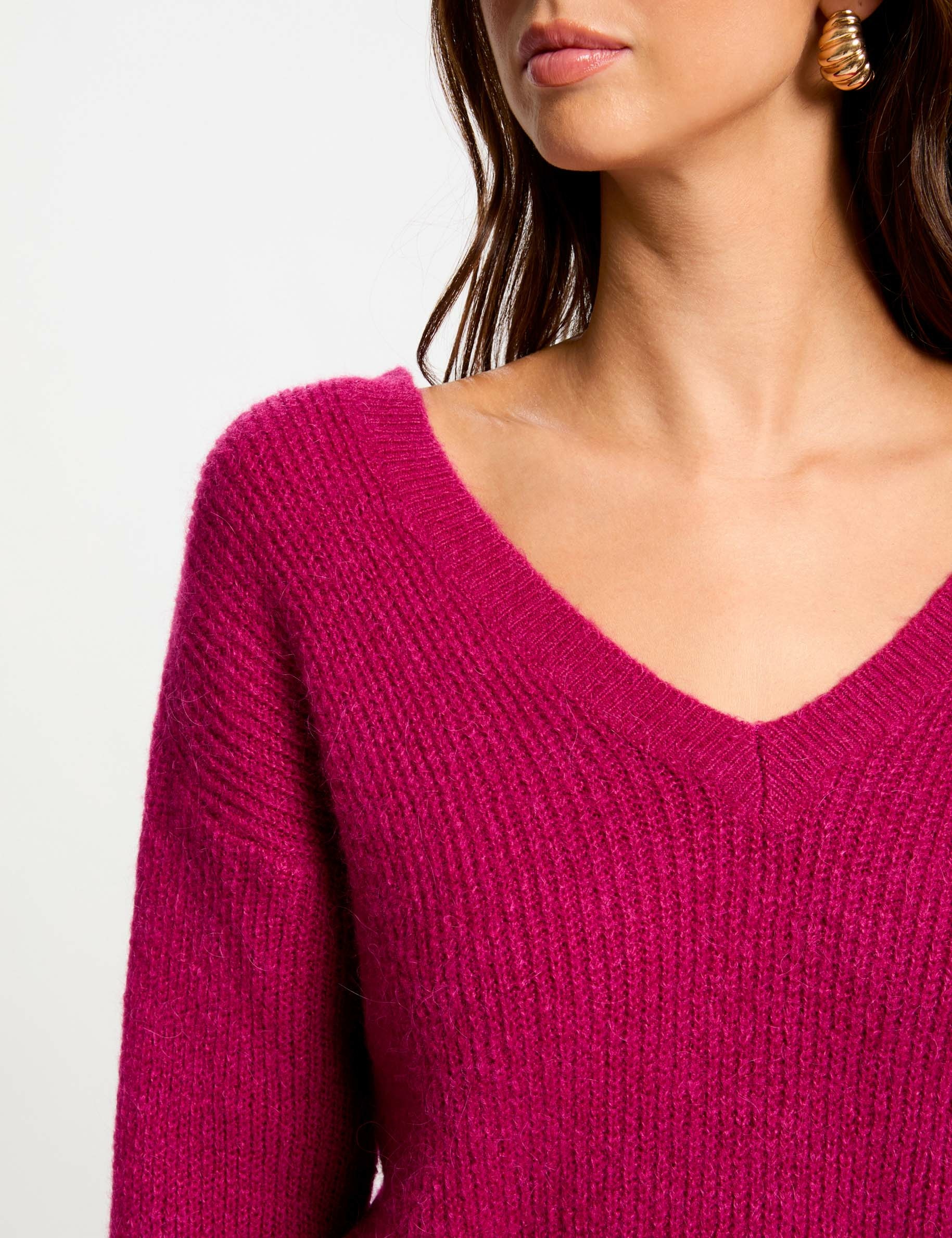 Pull col en V rose fonce femme | Morgan