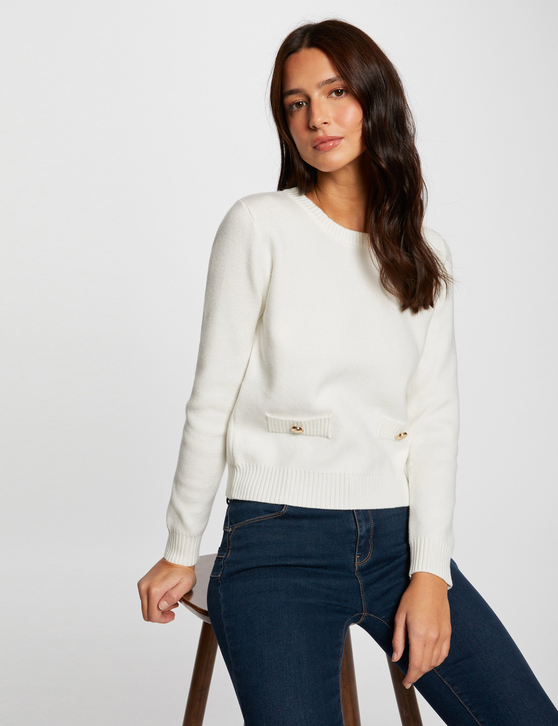 Pull manches longues à col rond ecru femme | Morgan