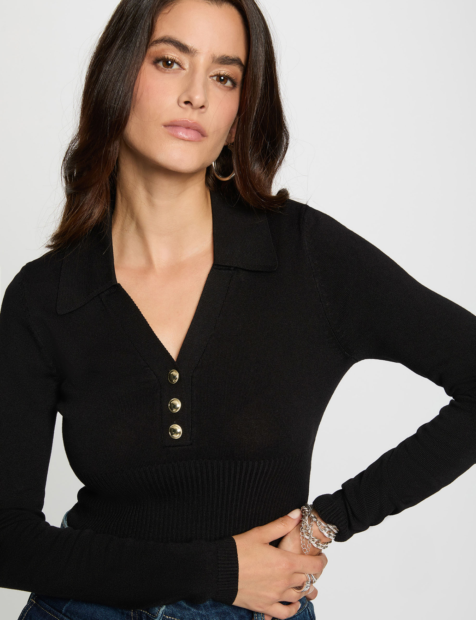 Pull ajusté col polo noir femme | Morgan