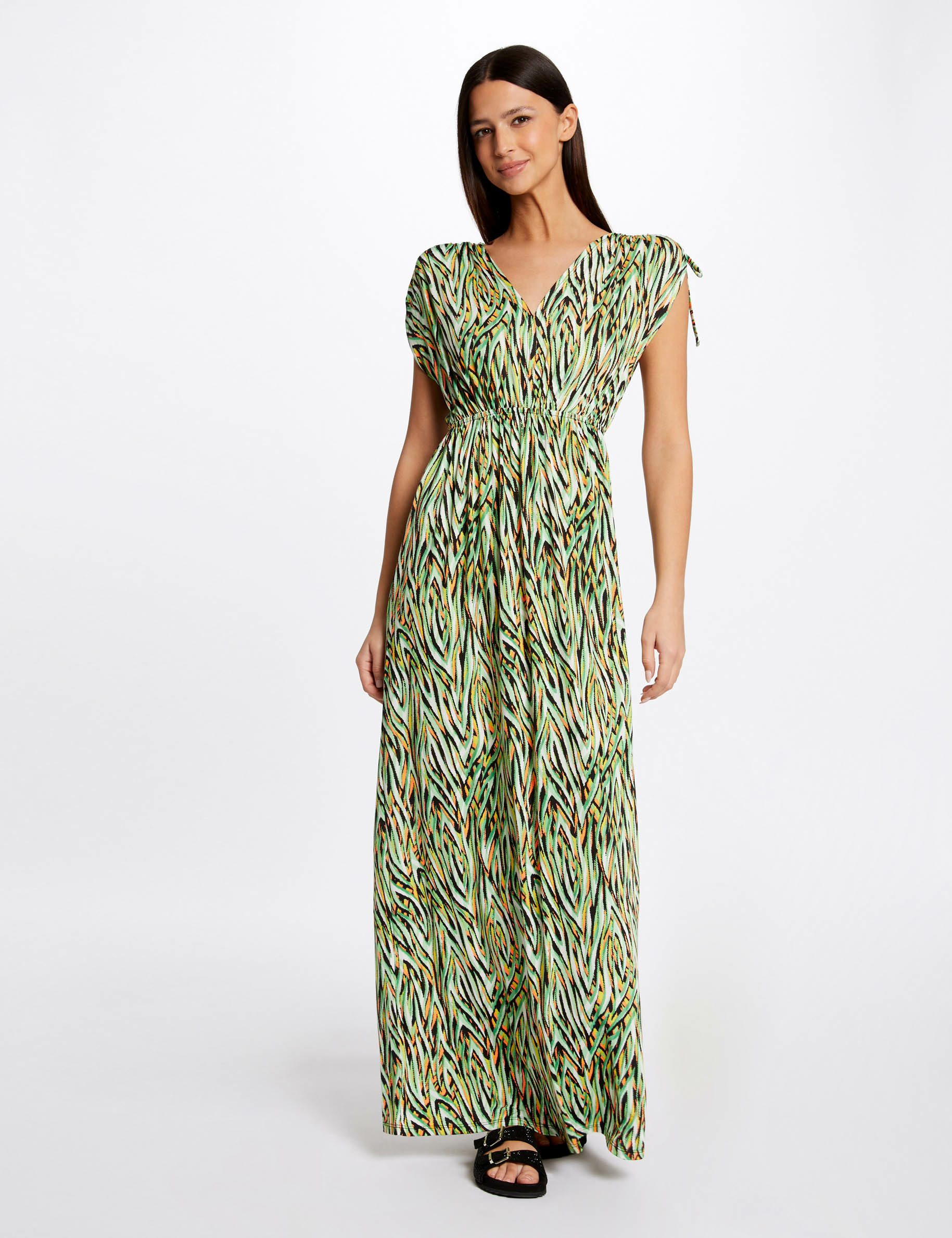 Robe longue droite imprimé géométrique vert femme | Morgan