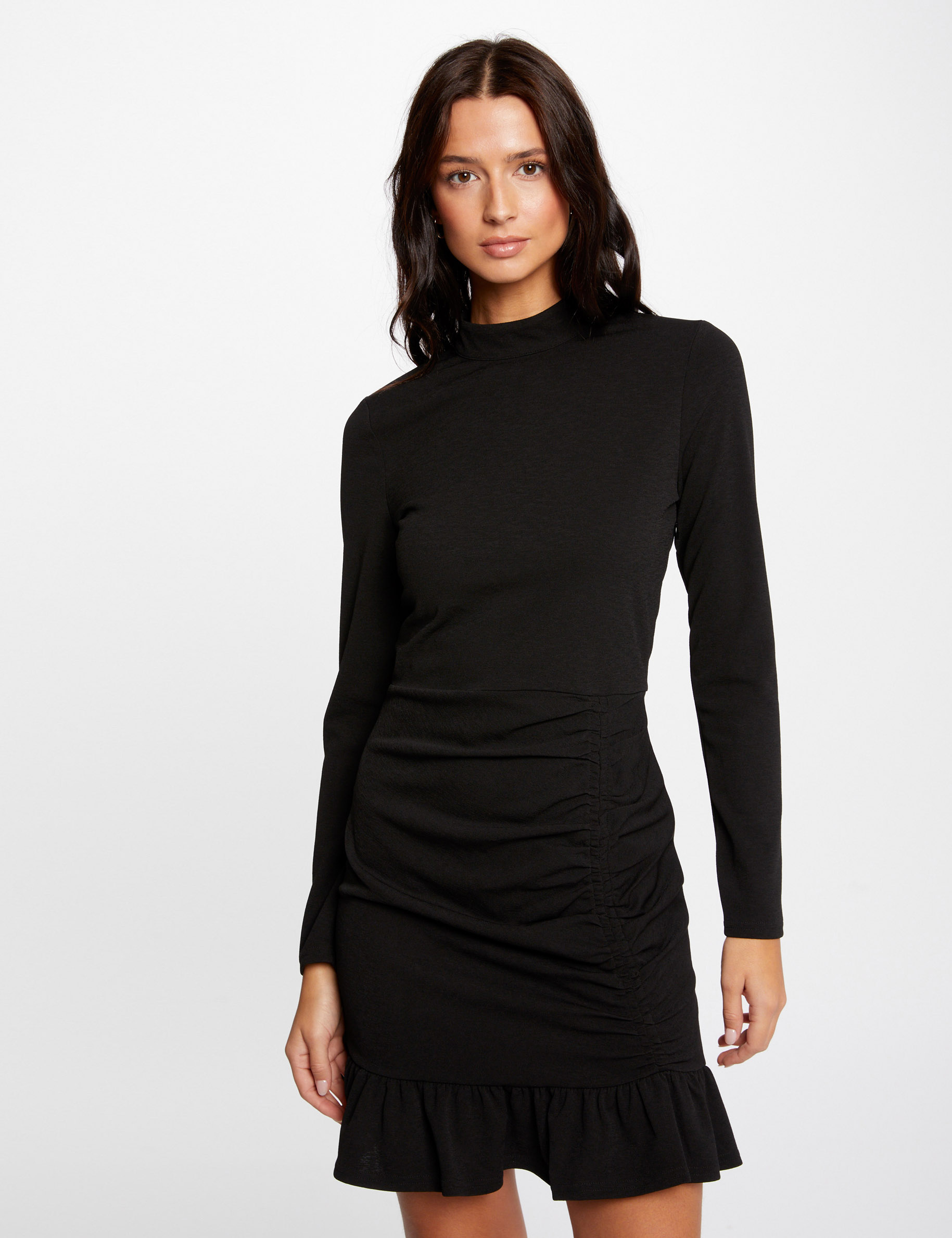 Robe ajustée à volants et col montant noir femme | Morgan